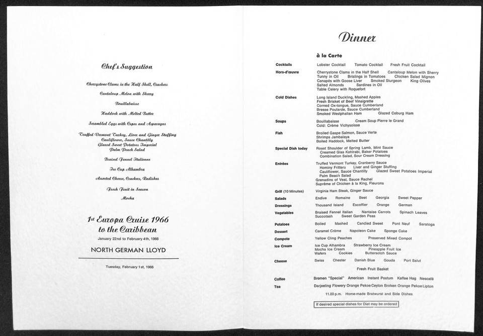 1966 North German Lloyd Europa Cruise Line Dinner Menu Feb 1 | eBay