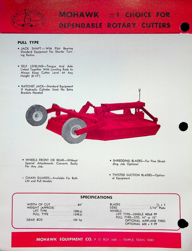 Vtg Original Farm Equipment Brochure MOHAWK 7' SWATH ROTARY CUTTER ...