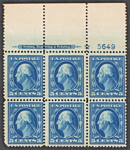US # 378 *MINT NO GUM { PL# IMPRINT 5c WASHINGTON BLOCK OF 6 } NICE SL ...