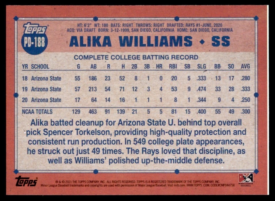 Alika Williams 2021 Topps Pro Debut Rookie Card RC #PD-188 GCL Rays | eBay