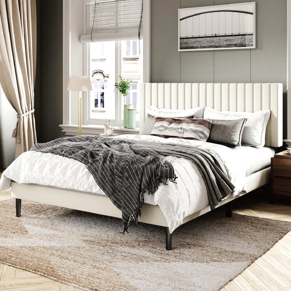Queen Size Bed Frame with Velvet Upholstered Headboard, Platform Bed ...