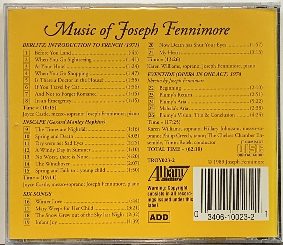 JOSEPH FENNIMORE: EVENTIDE, INSCAPE, SIX SONGS, INTRODUCTION TO FRENCH ...
