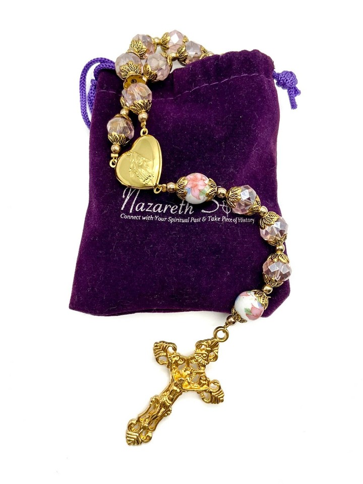 Pink Crystallized Beads Gold Rosary Catholic Holy Mary Locket Medal ...