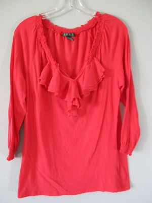 Lauren Ralph Lauren Women's Size M 3/4 Sleeve Red Ruffled Ascot Blouse ...