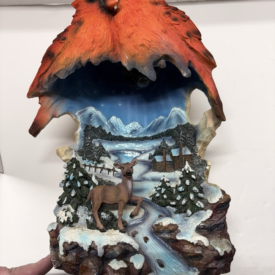 Light Up Cardinal Winter Scene Resin Figurine 12” Deer Snow Village ...