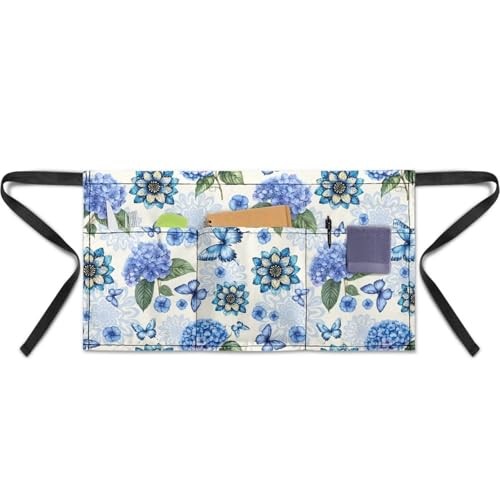 Waist Apron With 3 Pockets Reusable Half Apron Waitress Blue Butterfly ...