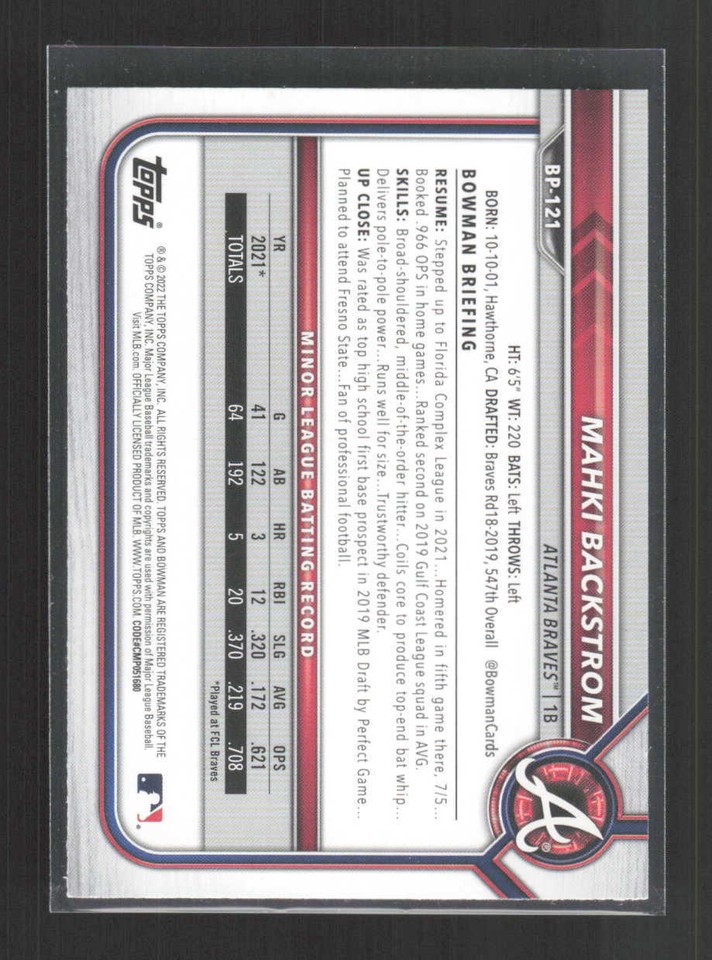 Mahki Backstrom 1st 2022 Bowman Prospects Atlanta Braves #BP-121 | eBay