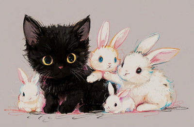 ACEO Mini *Art Print* Black Cat Baby Kitten & White Easter Bunnies by ...