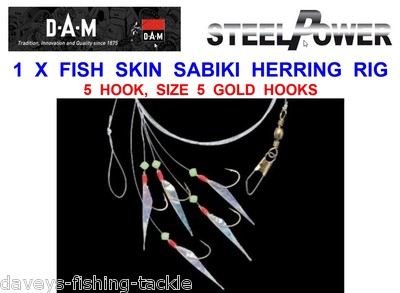 1 DAM STEELPOWER FISH SKIN SABIKI HERRING RIG 5 HOOK # 5 SEA FISHING ...