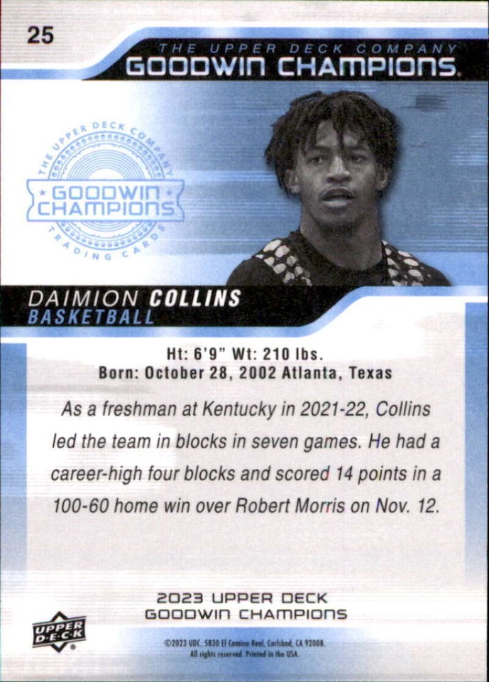 DAIMION COLLINS RC 2023 Upper Deck Goodwin Champions #25 ROOKIE NBA ID ...
