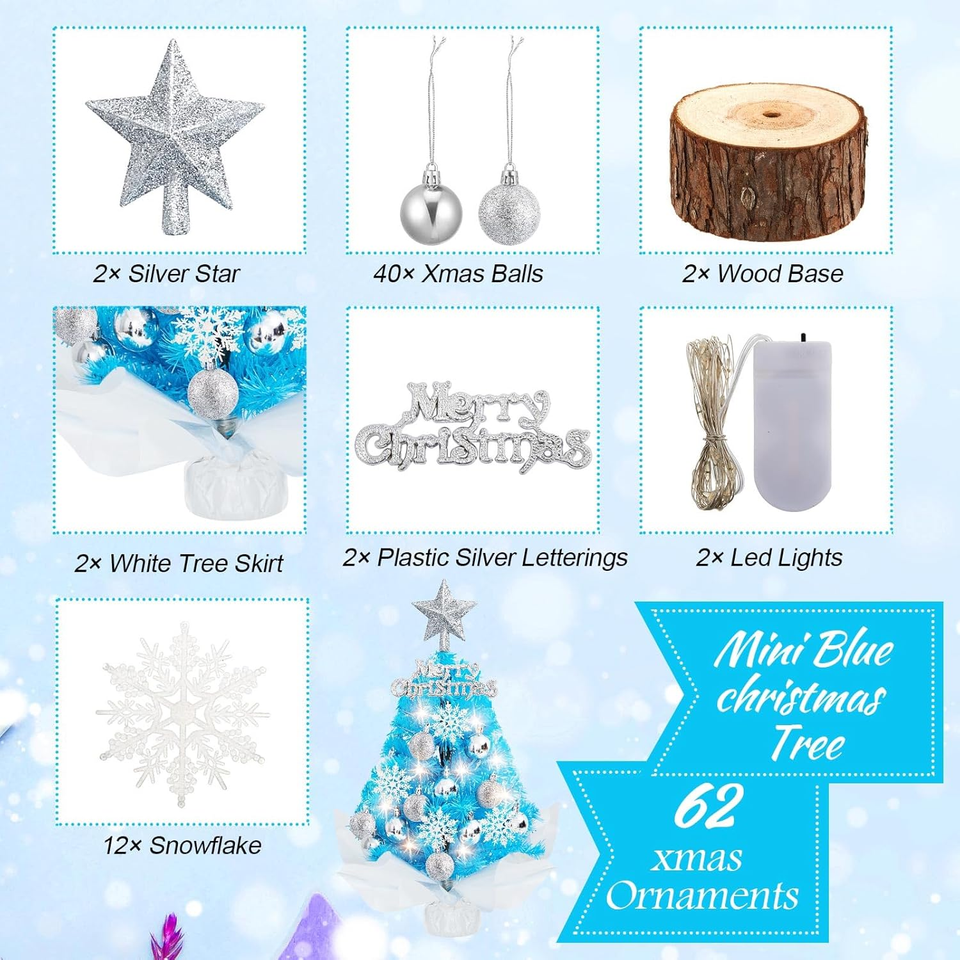 Syhood 2 Pack Mini Blue Christmas Tree Set Tabletop Christmas Tree ...