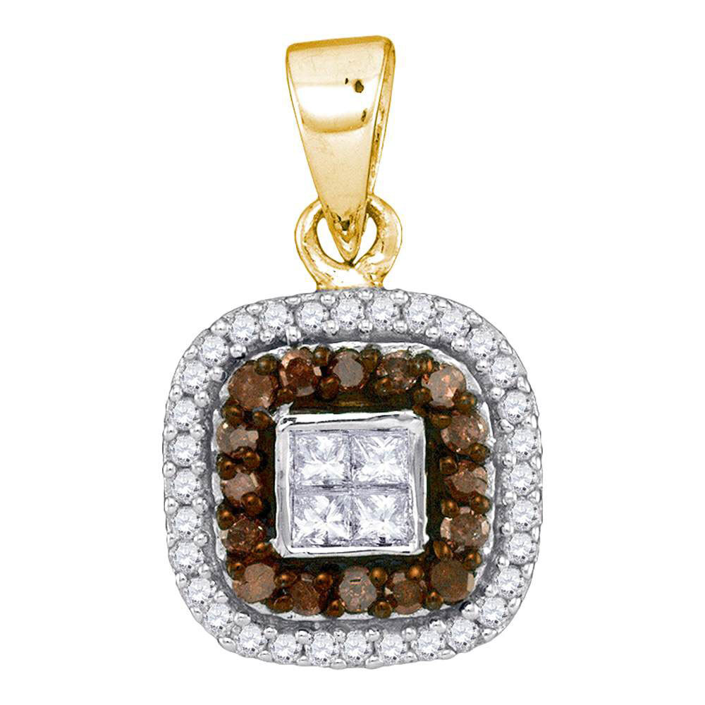 10kt Yellow Gold Womens Round Brown Diamond Square Frame Pendant 1/3 ...