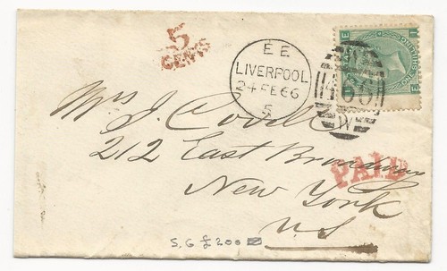 GREAT BRITAIN Scott #48 Pl #4 Tied to New York, NY Cover 1866 Liverpool ...