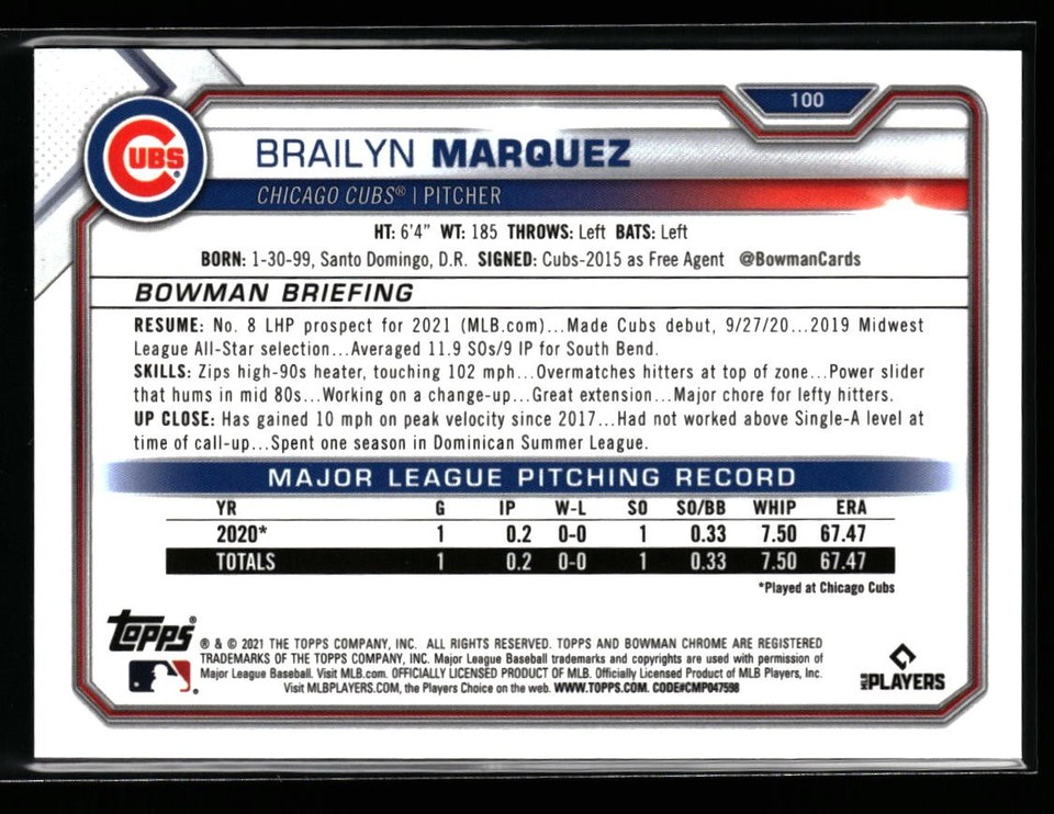 Brailyn Marquez 2021 Bowman Chrome #100 Fuchsia Refractor #/299 Rookie ...