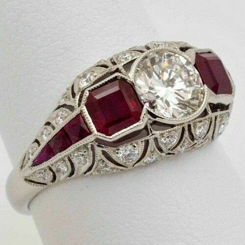 2.00Ct Art Deco Style Lab-Created Diamond & Ruby Engagement Ring In 925 ...