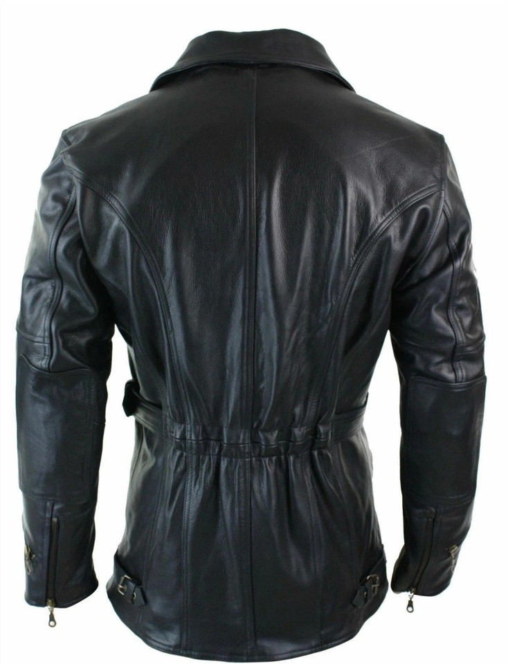 Men’s Black 3/4 Motorcycle Jacket Long Biker Genuine Cowhide Leather ...