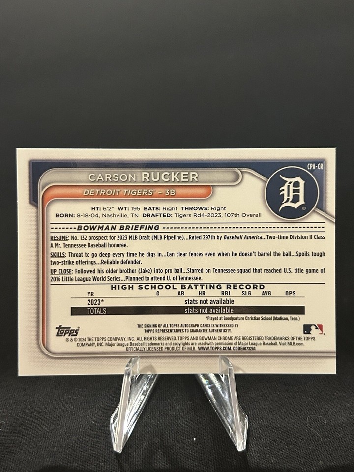 Carson Rucker 1st Bowman Chrome Auto #CPA-CR Detroit Tigers | eBay