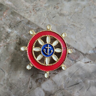 VTG Signed JJ Captain Ship Helm Wheel Nautical Sailor Enamel Brooch Pin ...