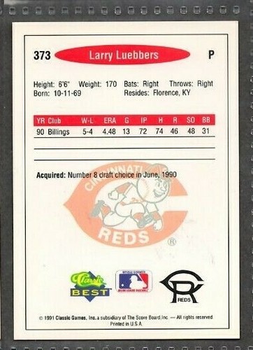 1991 Classic #373 Larry Luebbers Cedar Rapids Reds Card Signed ...