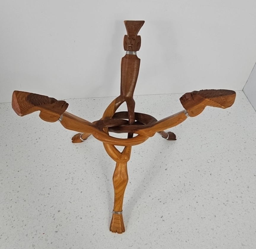 VTG African Hand Carved Wood Interlocking Tripod Stand Tribal Great ...