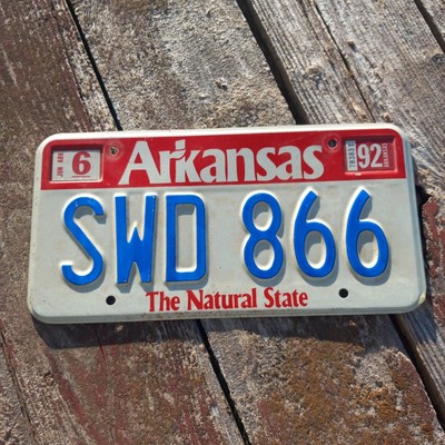 1992 Arkansas License Plate - "SWD 866" 6 92 Stickers THE NATURAL STATE ...