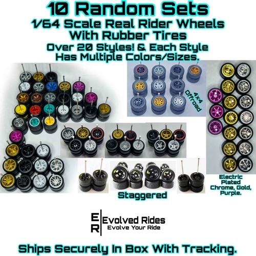 10 RANDOM Sets Real Rider Wheels Rubber Tires 1/64 Scale Hot Wheels ...