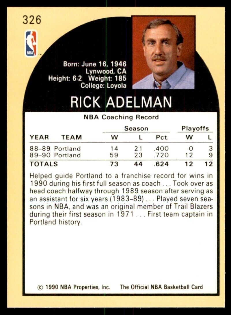 1990-91 NBA Hoops Rick Adelman . Portland Trail Blazers #326 | eBay