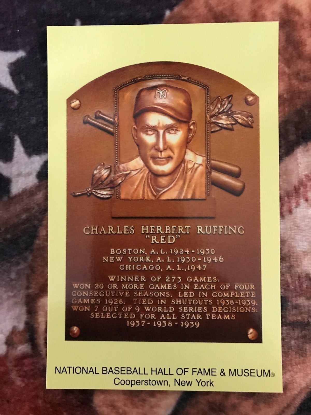 Red Ruffing Postcard- Baseball Hall of Fame Induction Plaque ...