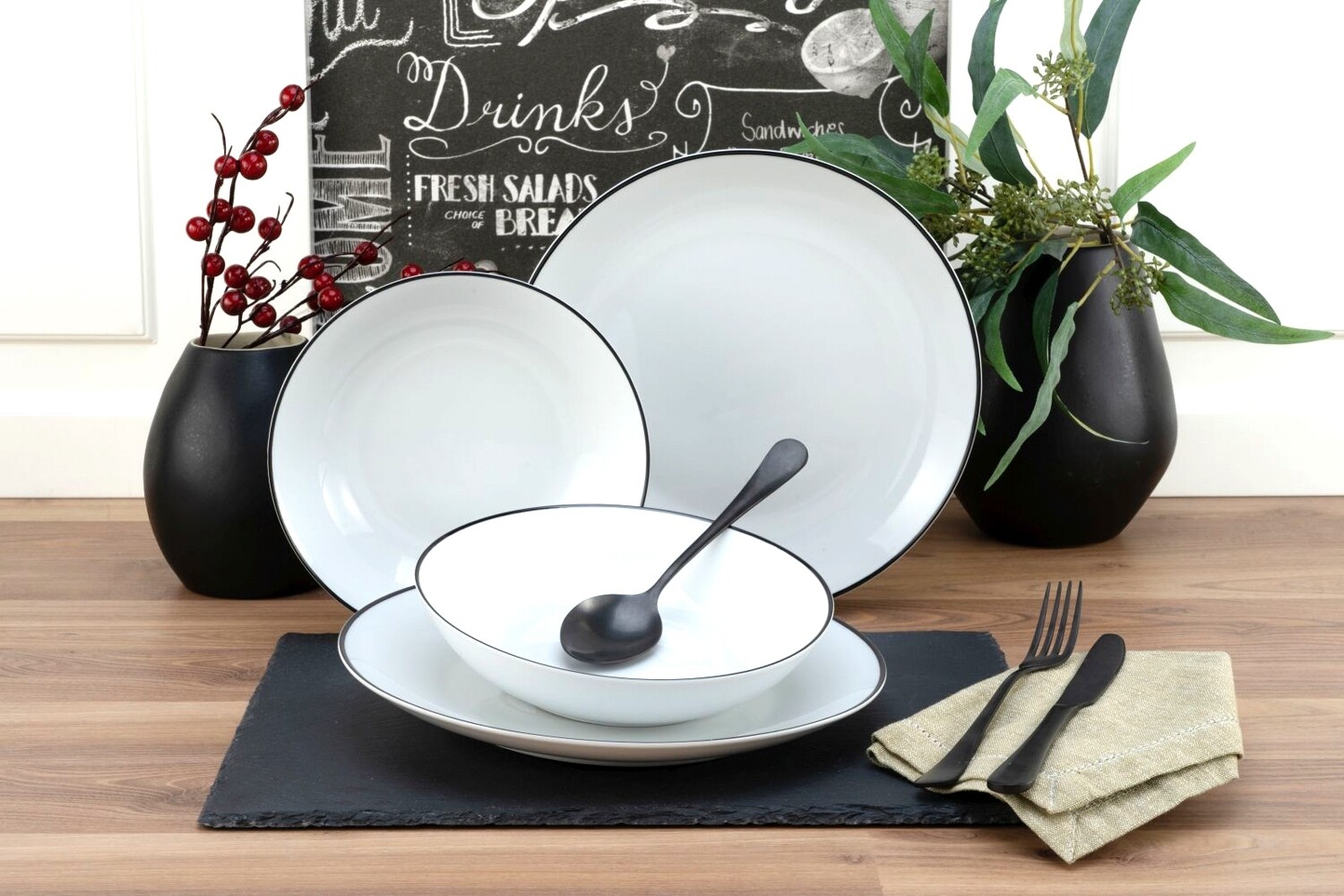 Creatable Black Line Tafelservice 12-teilig Geschirrset 6 Personen Weiß Schwarz | eBay