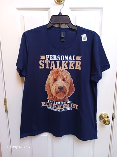Large Navy Women's Goldendoodle Personal Stalker Funny Golden Doodle T ...