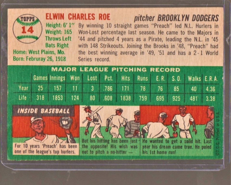 VINTAGE 1954 TOPPS BASEBALL CARD #14 PREACHER ROE BROOKLYN DODGERS HIGH ...