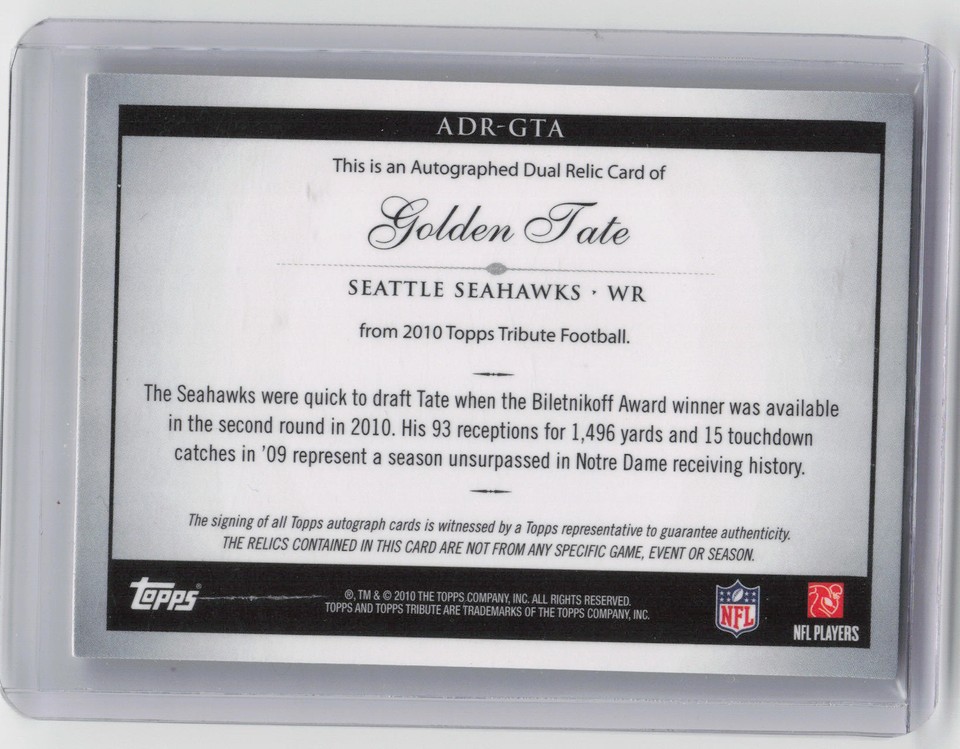 2010 Topps Tribute #ADR-GT Golden Tate RC Dual Jersey Auto Black #08/30 ...