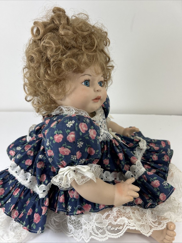 Porcelain Doll Blonde Curly Hair 17” Articulated Blue Eyes Chin Dimple ...