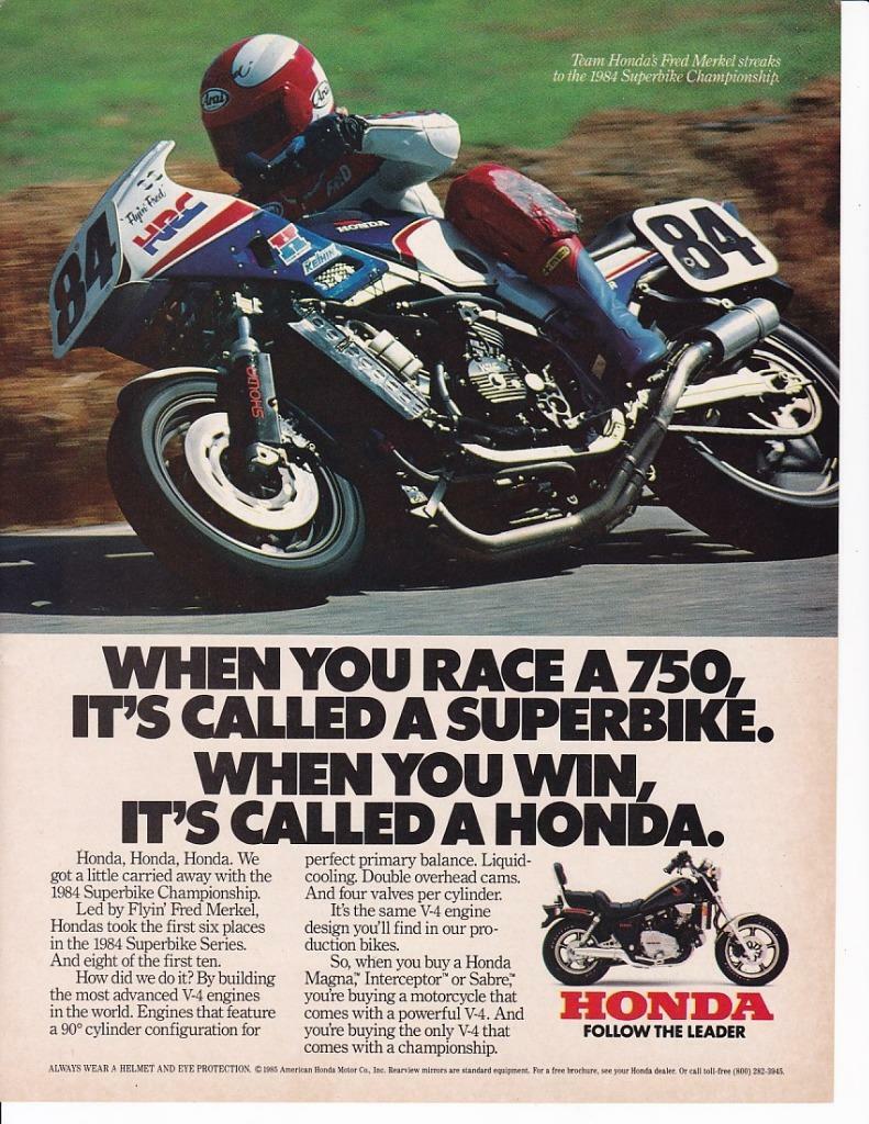 1985 Honda Motorcycle Print-Ad/Fred Merkel/ 1984 Superbike Championship ...
