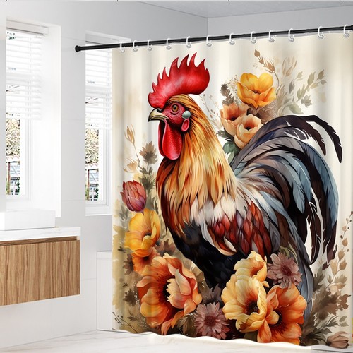 Rooster Flower Shower Curtain Watercolor Chicken Bathroom Decor with ...