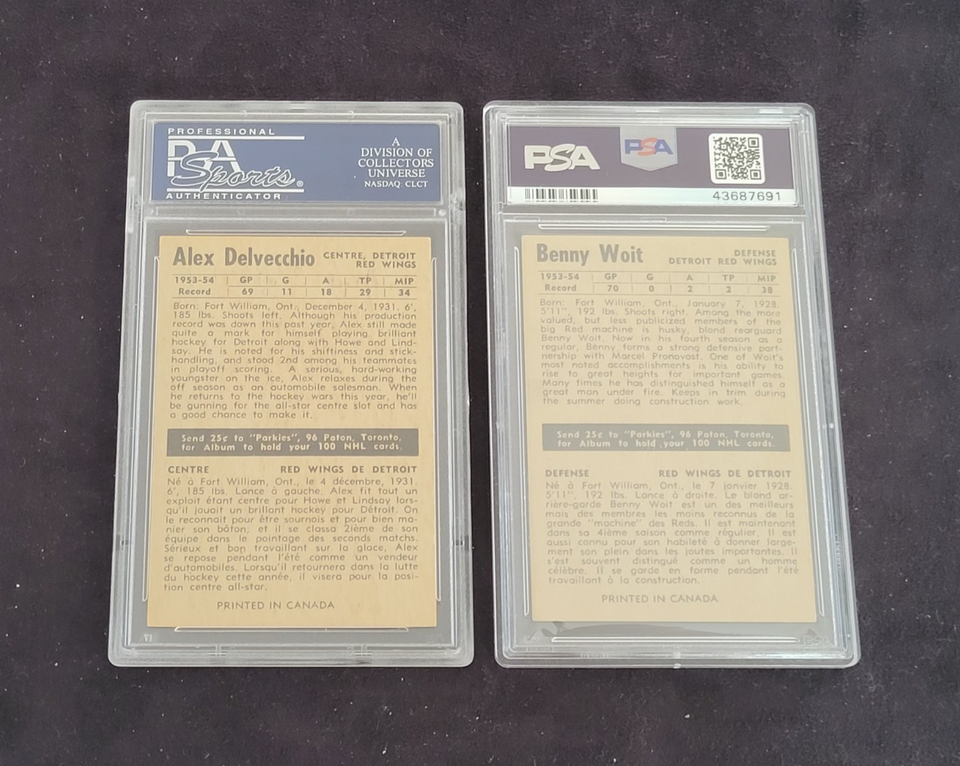 PARKHURST 1954-55 GRADED LOT ALEX DELVECCHIO #36 PSA 7 BENNY WOIT #38 ...