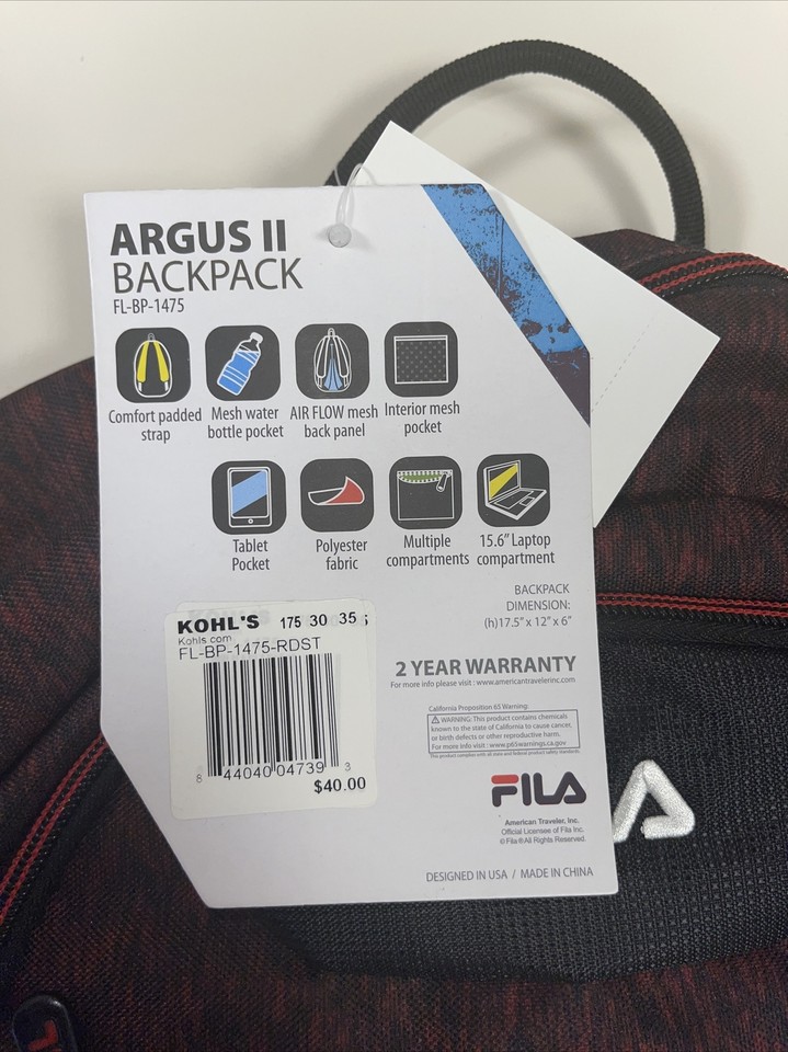 New Fila Argus 2 II Filatech Backpack Bag Laptop Compartment Tablet NWT ...