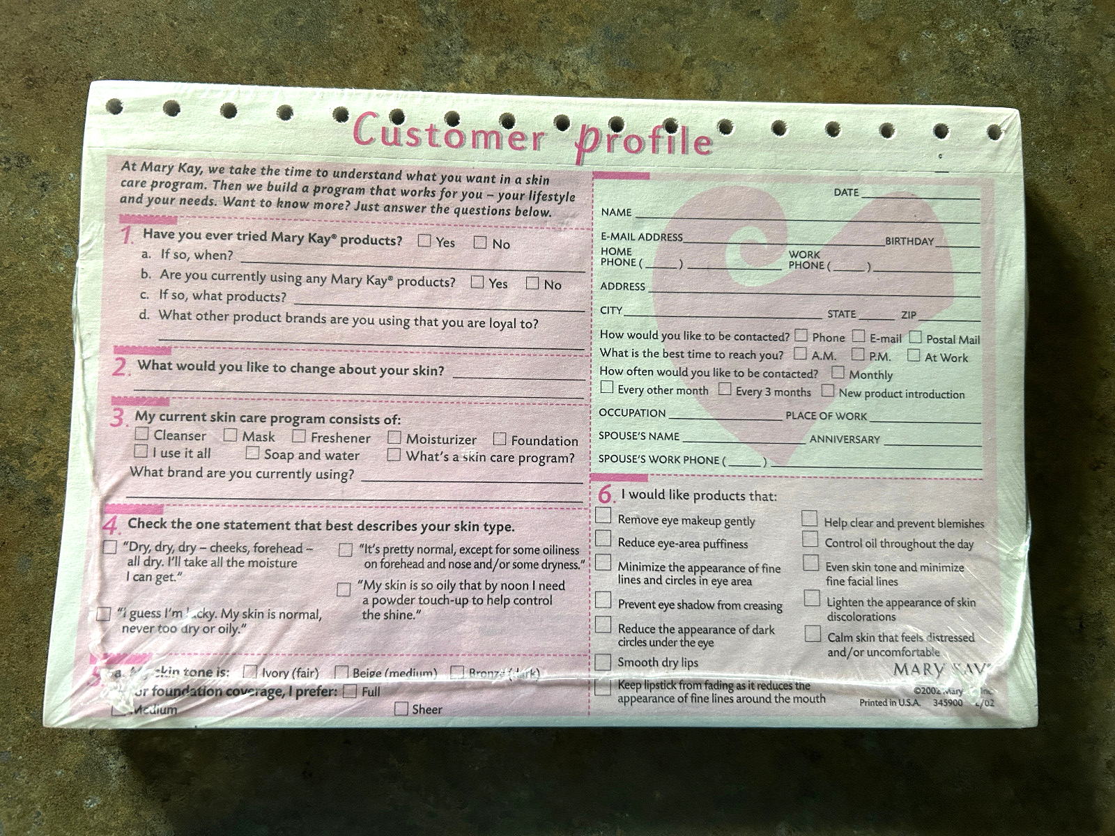New 2002 Mary Kay Customer Beauty Profile Sheets SEALED Pack Consultant ...