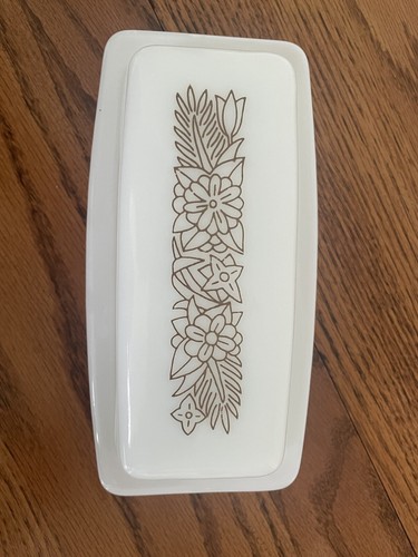 Vintage Pyrex Woodland Butter Dish Milk White Glass with Brown Flowers ...