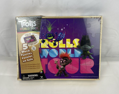 Trolls World Tour 5 Wood Puzzles & Tray Storage Box DREAMWORKS NEW ...