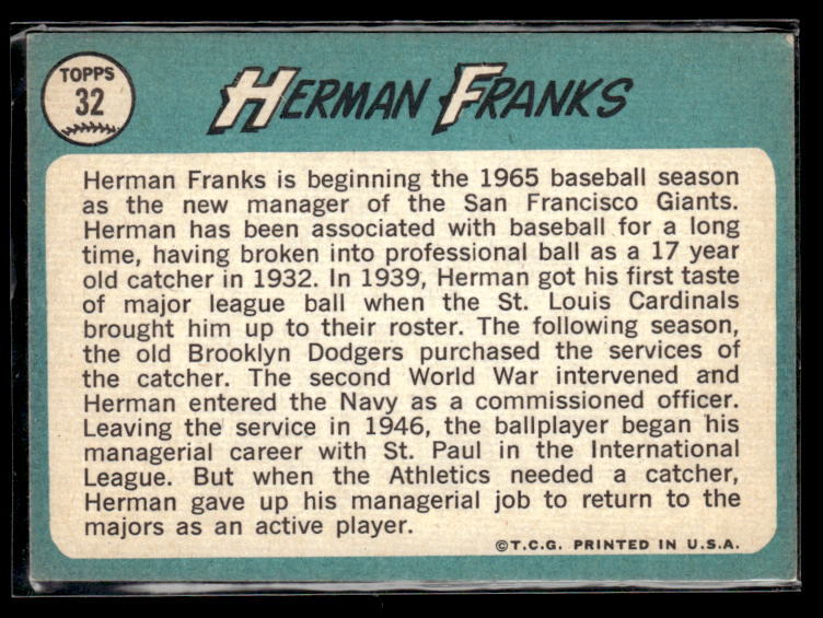 1965 Topps #32 Herman Franks VG/G | eBay