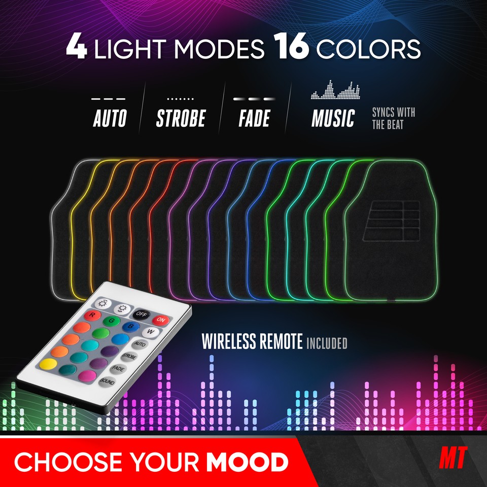 MotorTrend RGB LED Floor Mats, Bright Illumination with 16 Colors & 4 ...