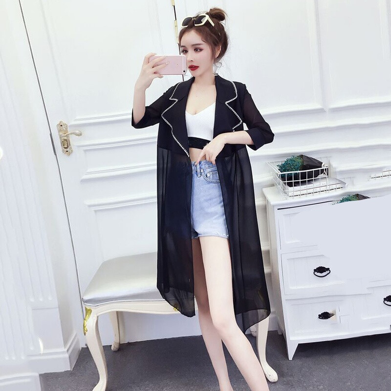 Lady Chiffon Midi Cardigan Lapel Blazer Jacket Half Sleeve Open ...