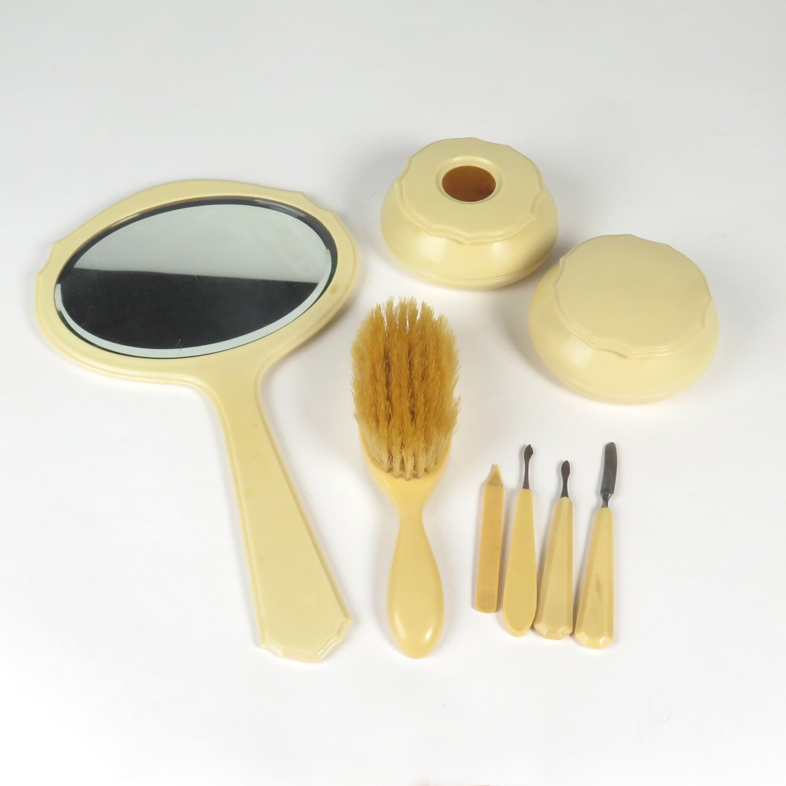 Vintage Vanity Set Celluloid Pyralin DuBarry Hand Mirror Brush Powder ...