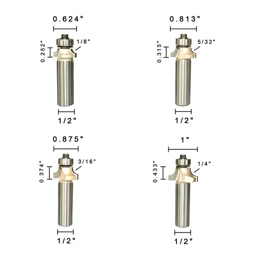 4PCS Round Over Router Bits Set 1/2-Inch Shank (Radius 1/8"、5/32"、3/16 ...