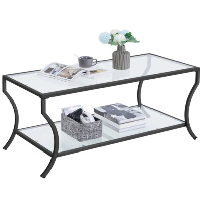 2 Tier Glass Coffee Table Modern Coffee Table with Storage Shelf for ...