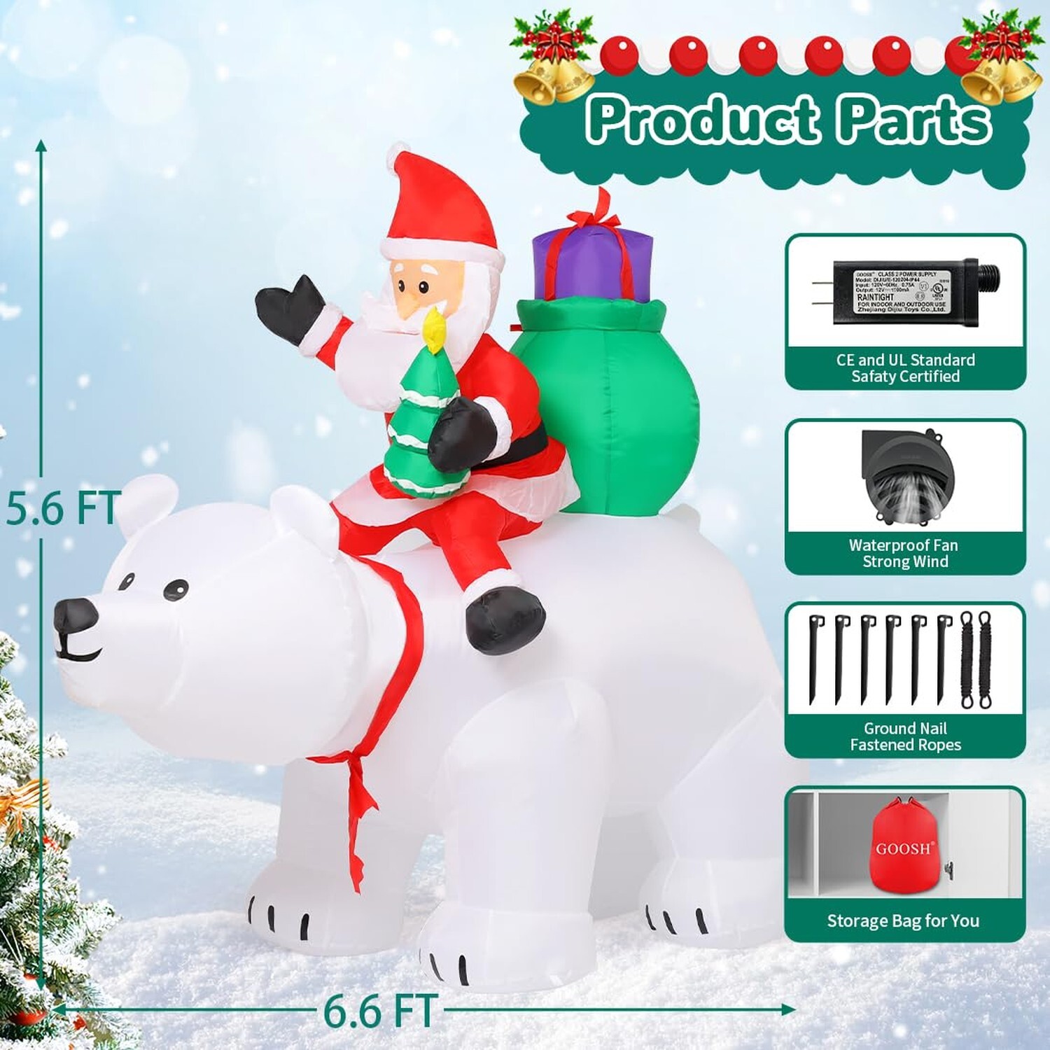 GOOSH 6 FT Christmas Inflatables Santa Clause Riding Bear with Shaking ...