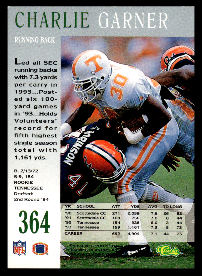 1994 Pro Line Live Charlie Garner #364 Philadelphia Eagles NFL Football ...