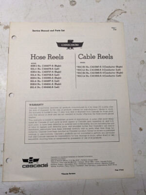 CASCADE ATTACHMENT SERVICE MANUAL PARTS LIST BOOK HOSE REELS CABLE 1964 ...
