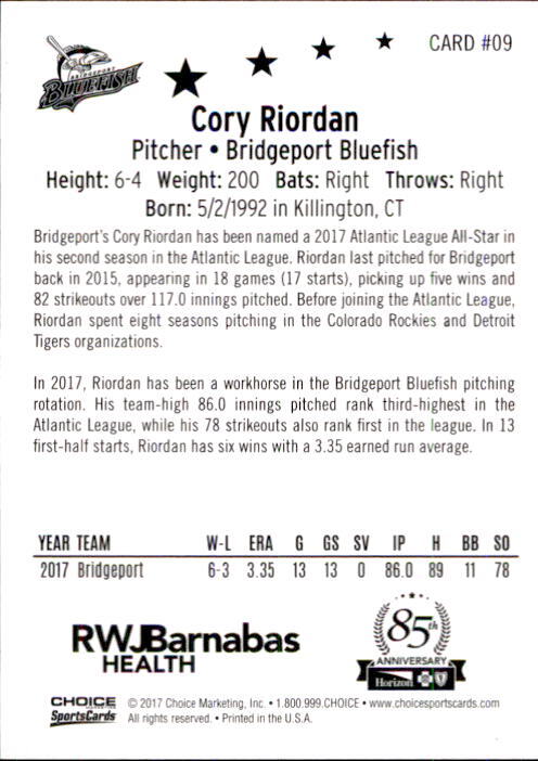 2017 Atlantic League All-Stars Choice 9 Cory Riordan Killington ...